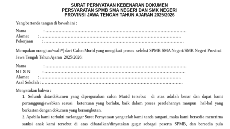 LINK Surat Pernyataan SPMB Jateng 2025: Download Pakta Integritas di Sini